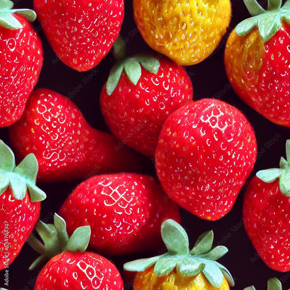 Seamless Pattern of Healthy Raw Ripe Strawberry in Black Background ...
