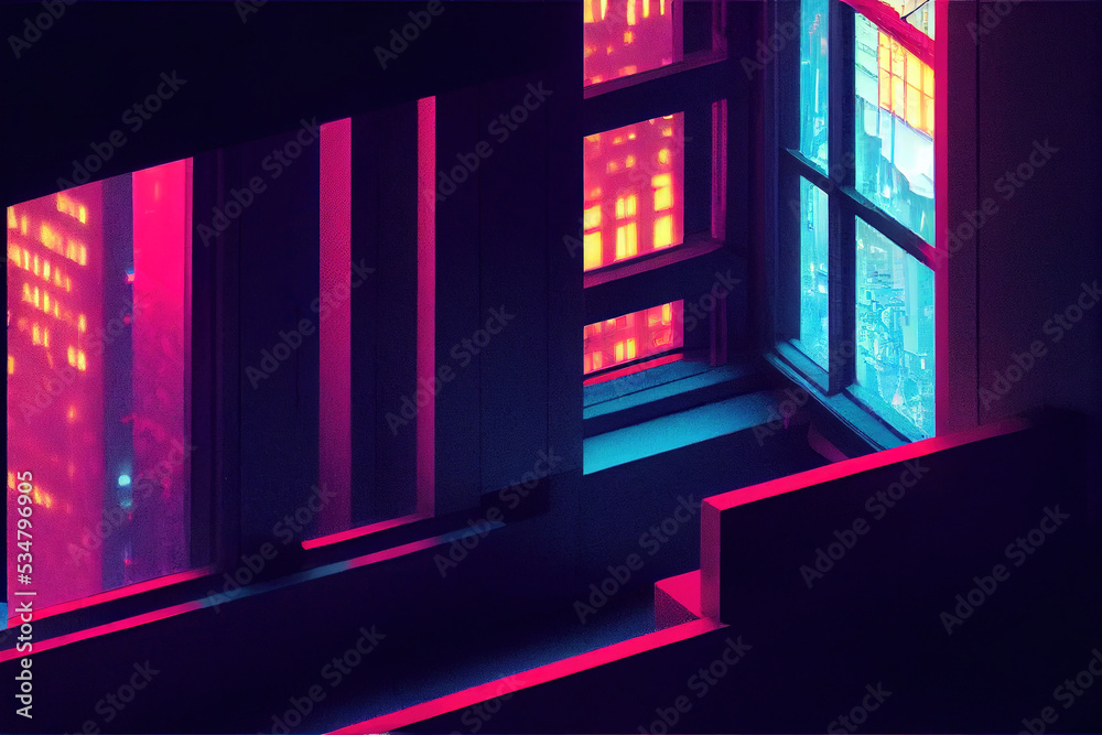 Modern Cyberpunk city outside the window of a modern room. City with ...