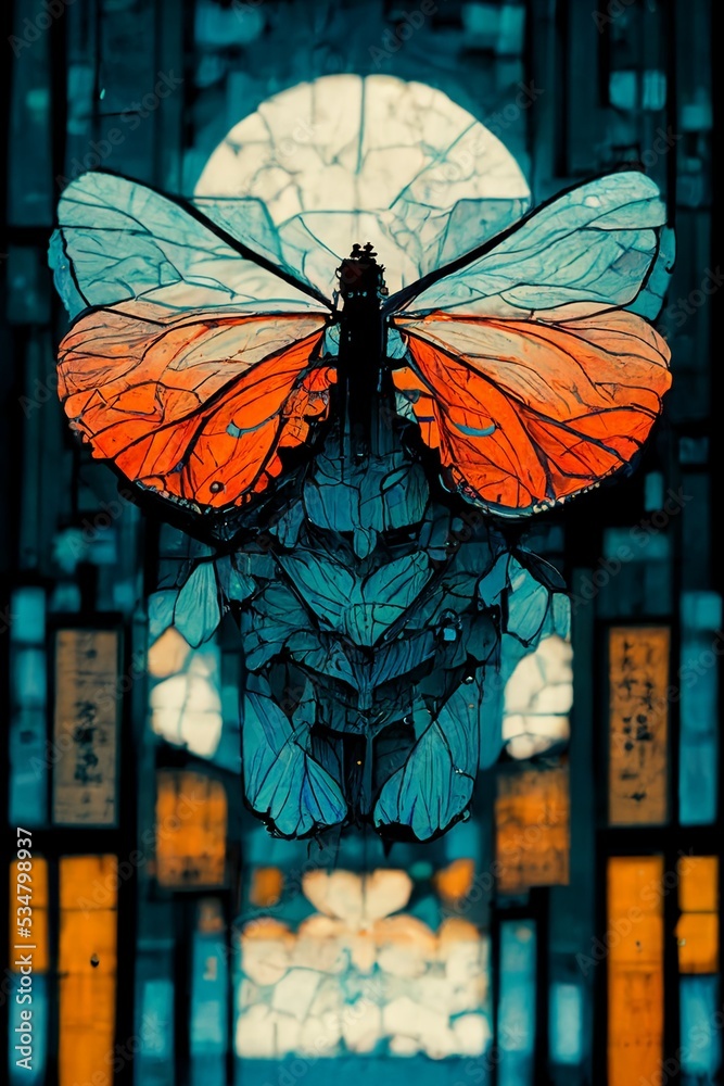 A butterfly stained glass window illustration. Rainbow colors, large ...