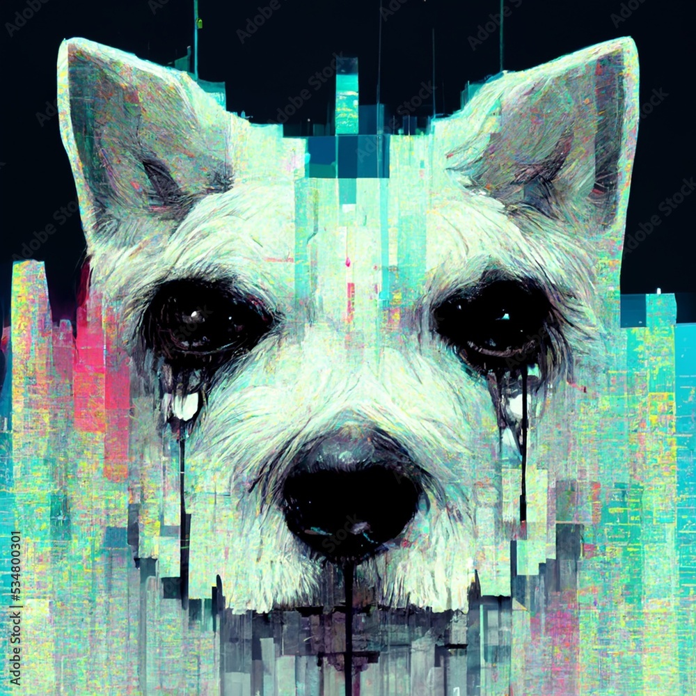 Westie abstract concept art, small white dog with pointy hears, water ...