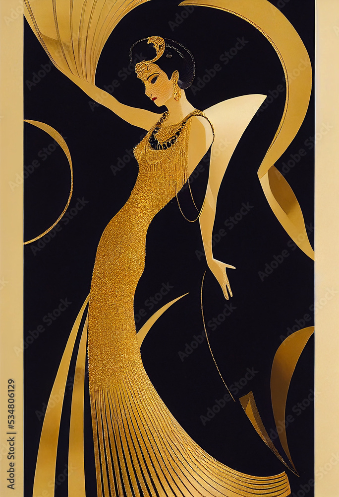 abstract digital art deco style postcard illustration with gold ...