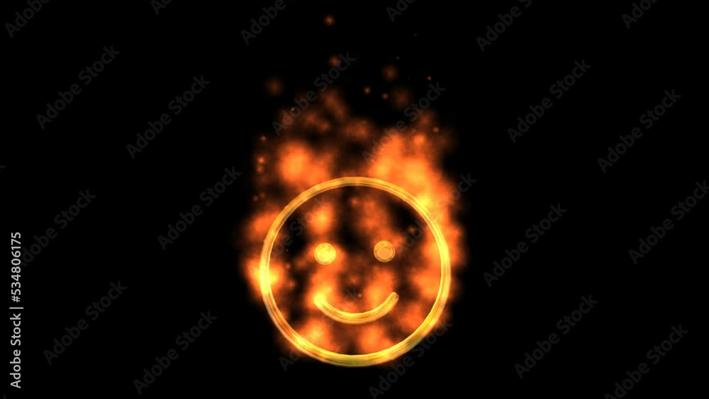 Emotion Icon - "Smiling Face" with fire particles in chaotic motion ...