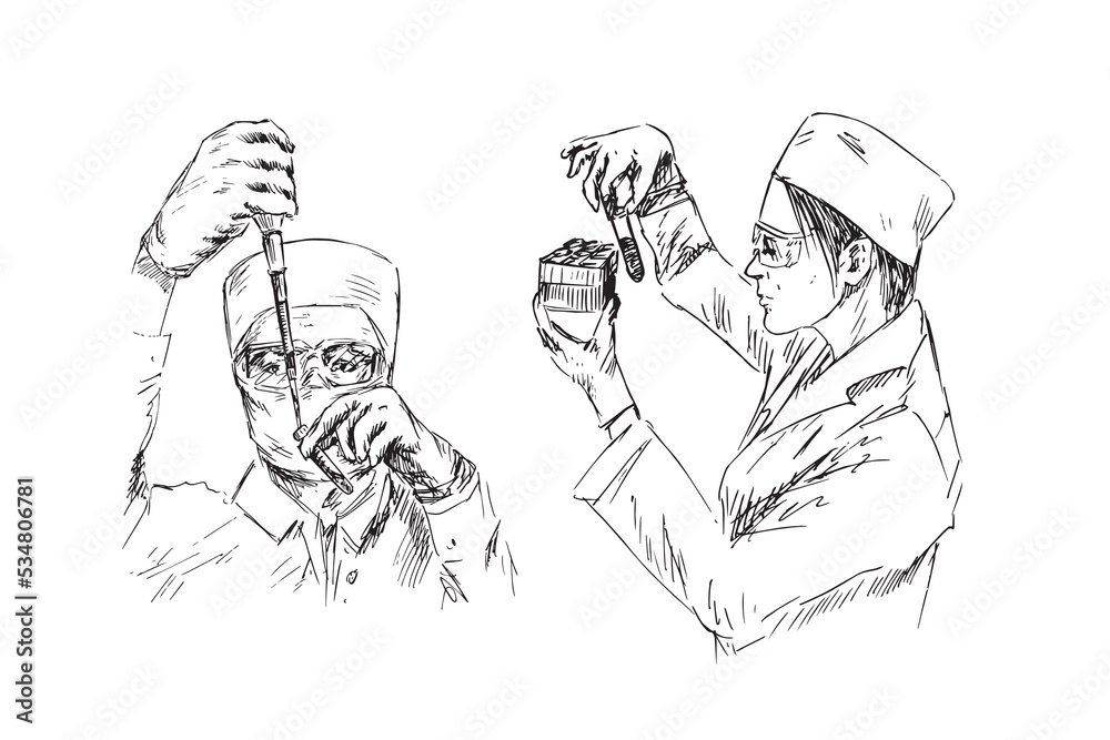 A scientist set, hand drawn doodle, sketch in pop art style, black and ...