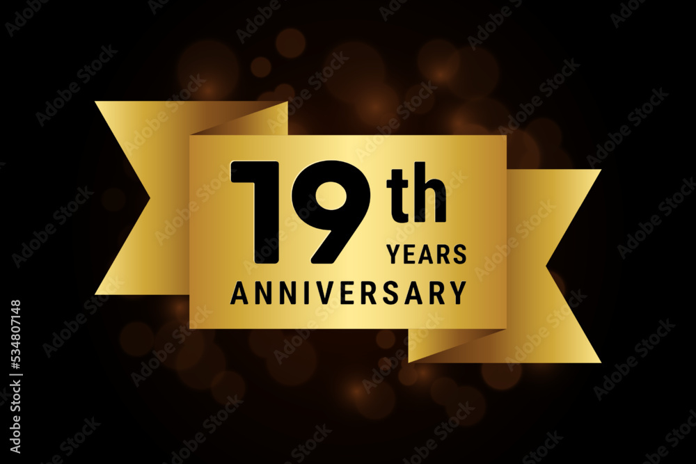 19 Years anniversary, anniversary celebration template design with gold ...