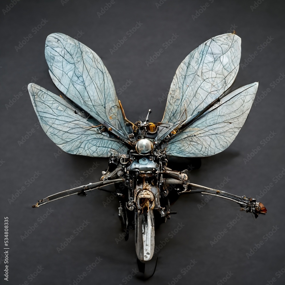 A robotic, bionic butterfly with transclucent wings, metal shiny body ...