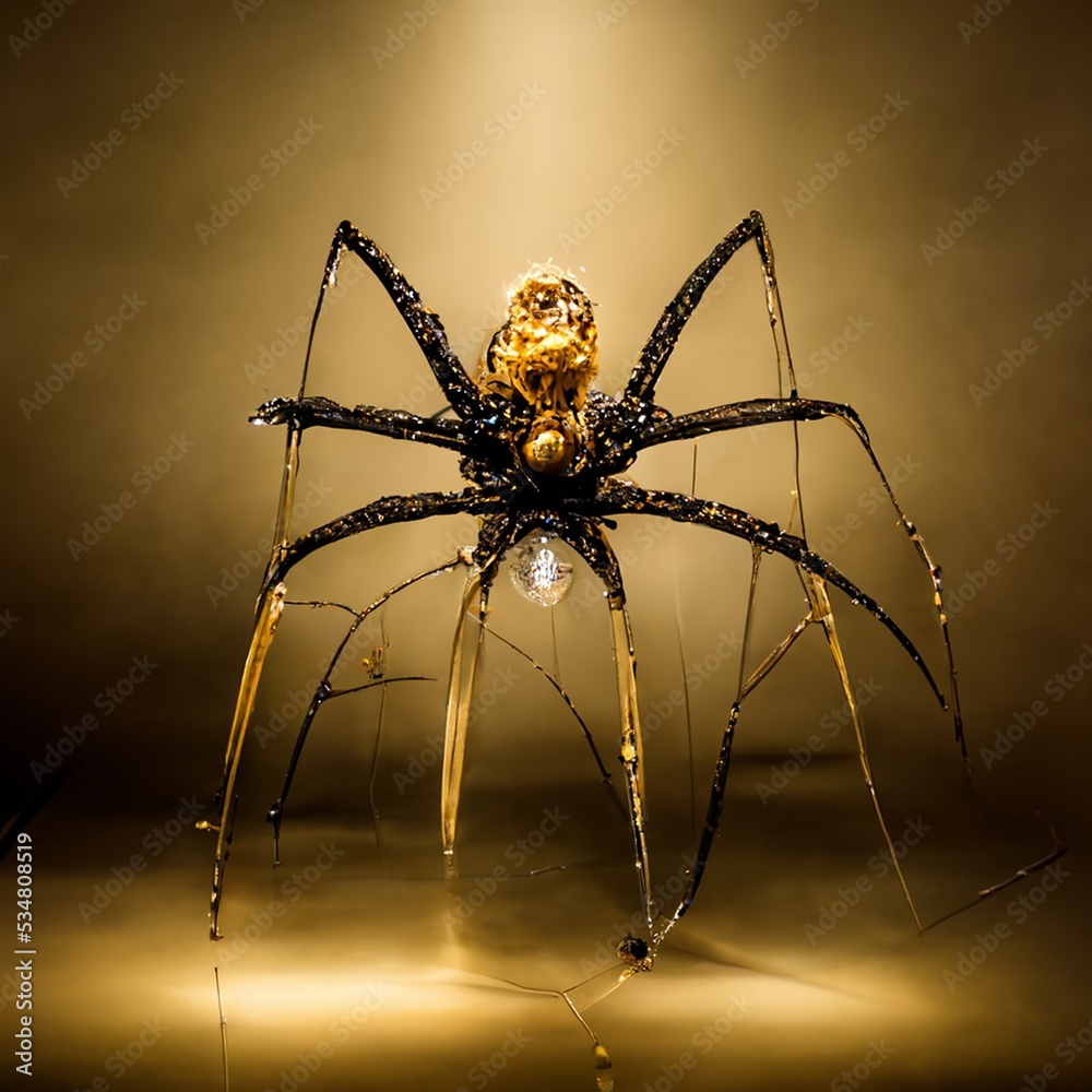 A scary gold spider with long legs, slim paws and black body. Gold ...