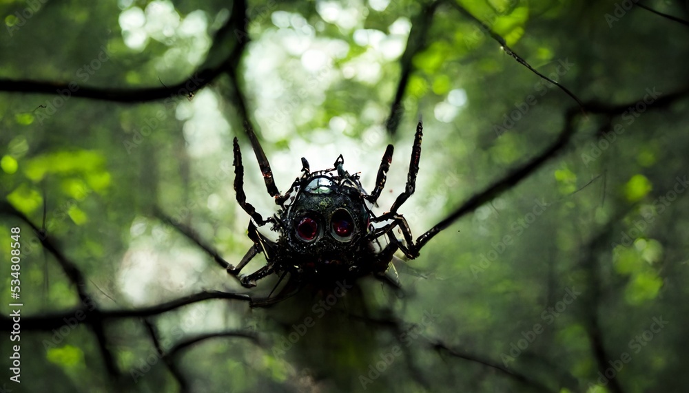 A very scary spider from below. Spider walking in the forest, backgrund ...