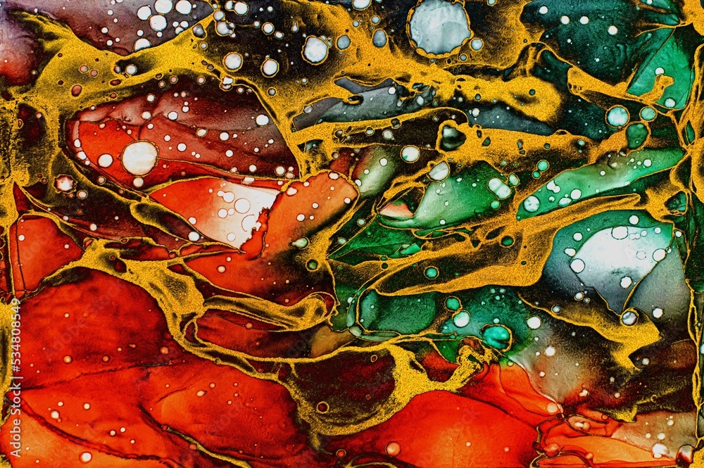 Deep red ink in lower area and dark green in on upper side filled with ...