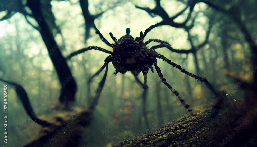 A very scary spider from below. Spider walking in the forest, backgrund ...