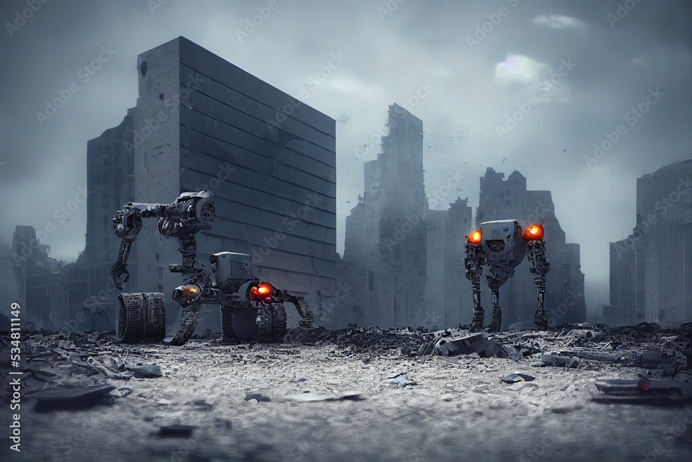 Military robot in the ruined city, destroyed earth, digital painting ...