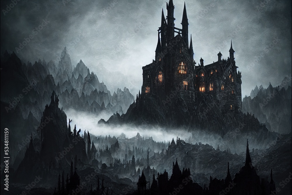 Background for a scary fairy tale background, a dark gothic castle in a dark dead valley with a ...