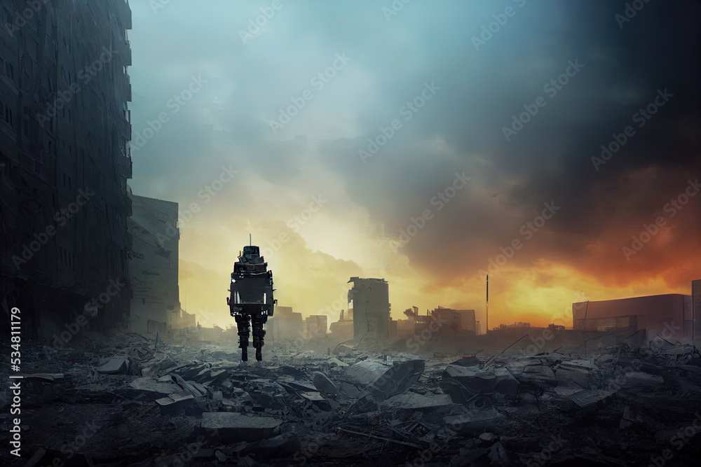 Military robot in the ruined city, destroyed earth, digital painting ...