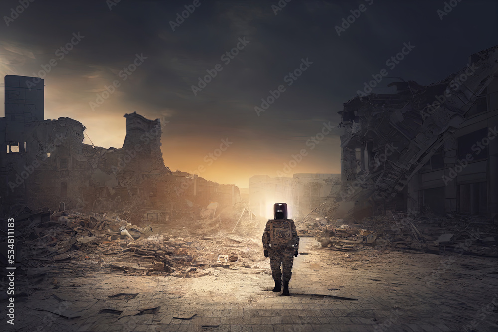 Military robot in the ruined city, destroyed earth, digital painting ...