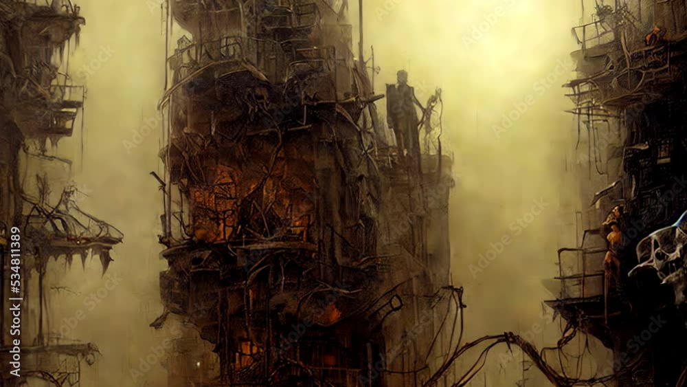 Generative AI animation of surreal painting of skulls and skeletons in ...