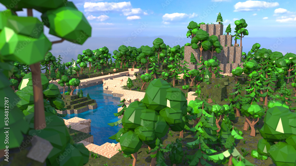 Low Poly island in ocean, Minecraft style in 8K Stock Illustration ...