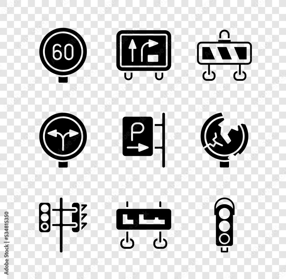 Set Speed limit traffic, Road sign, barrier, Traffic light, Fork in the ...