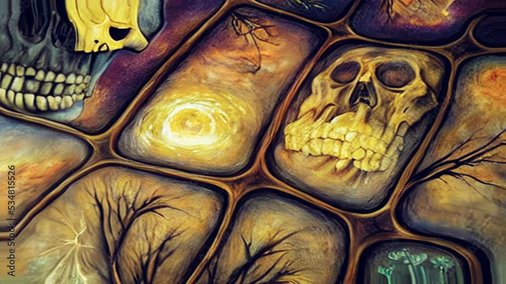 Generative AI animation of surreal painting of skulls and skeletons ...