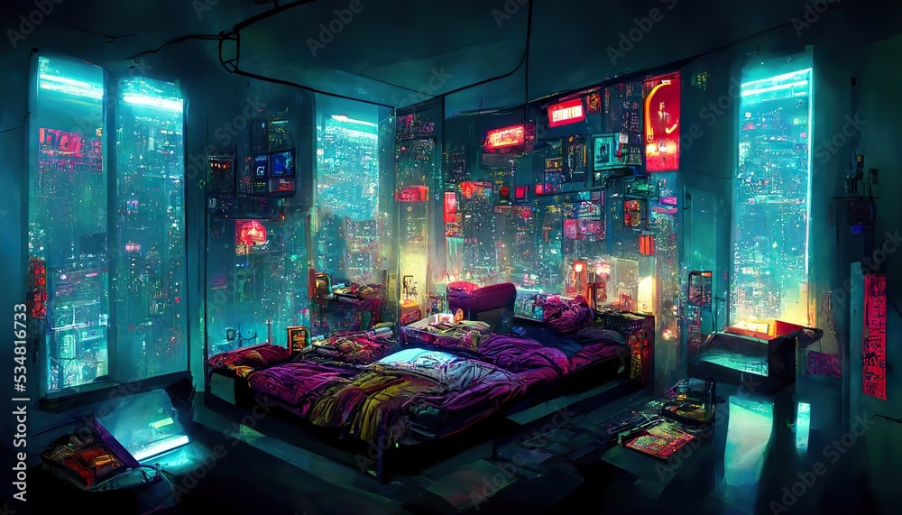 Cosy cyberpunk futuristic bedroom concept art illustration ilustração ...