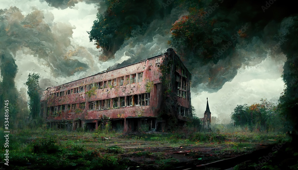 Creepy dystopian horror abandonned school concept art illustration ...