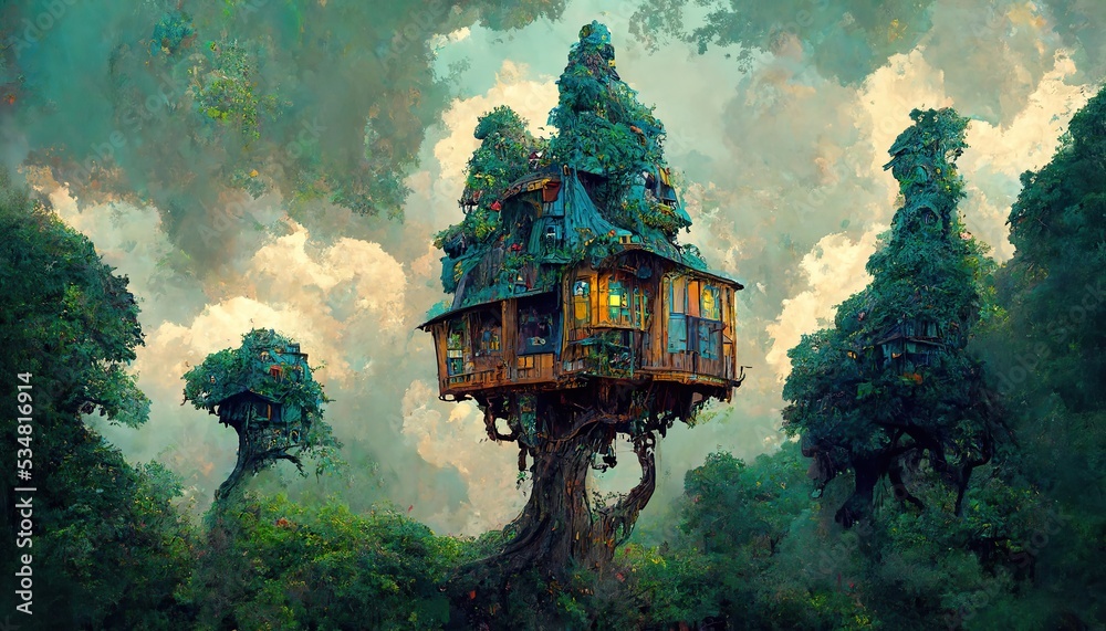 Treehouse village concept art illustration Stock Illustration | Adobe Stock