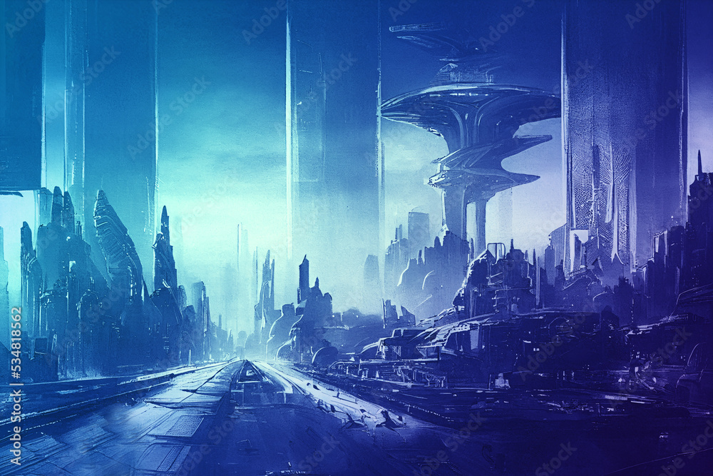 futuristic landscape in blue colors, science fiction skyline ...