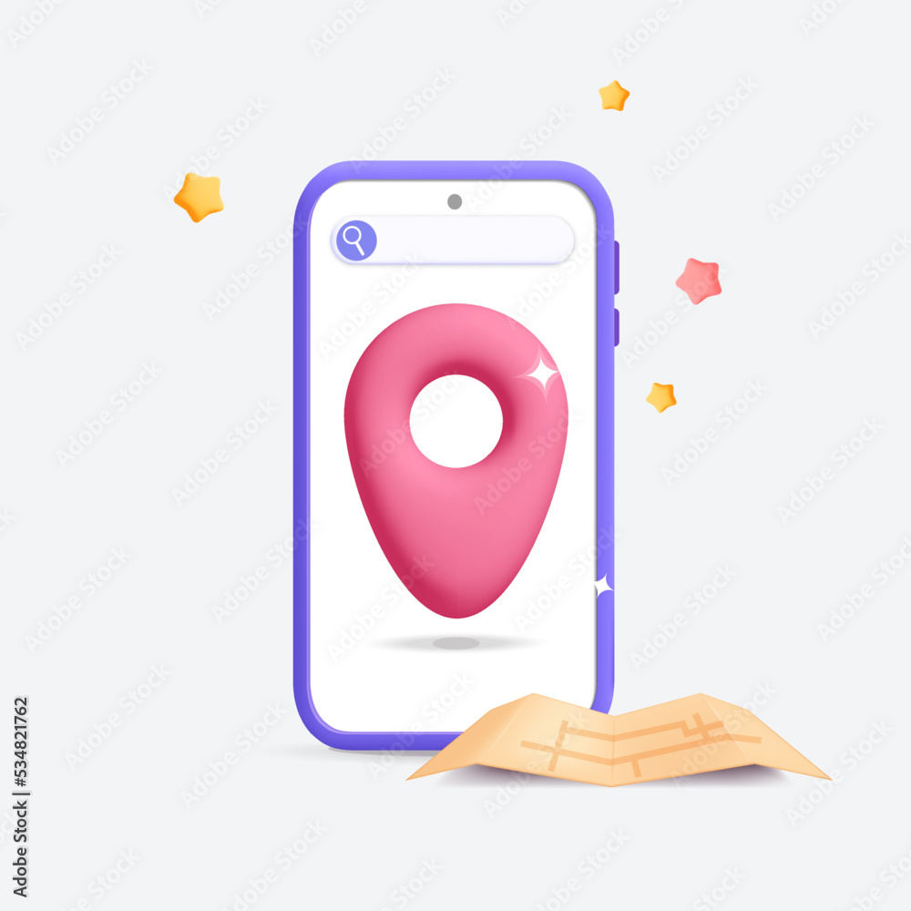 3d vector smartphone with pin location and map navigation app service ...