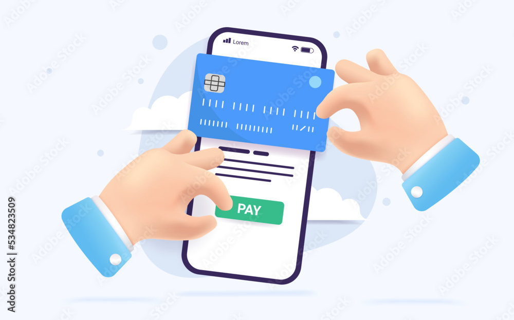 Mobile payment - Phone with credit card and hands clicking pay button ...