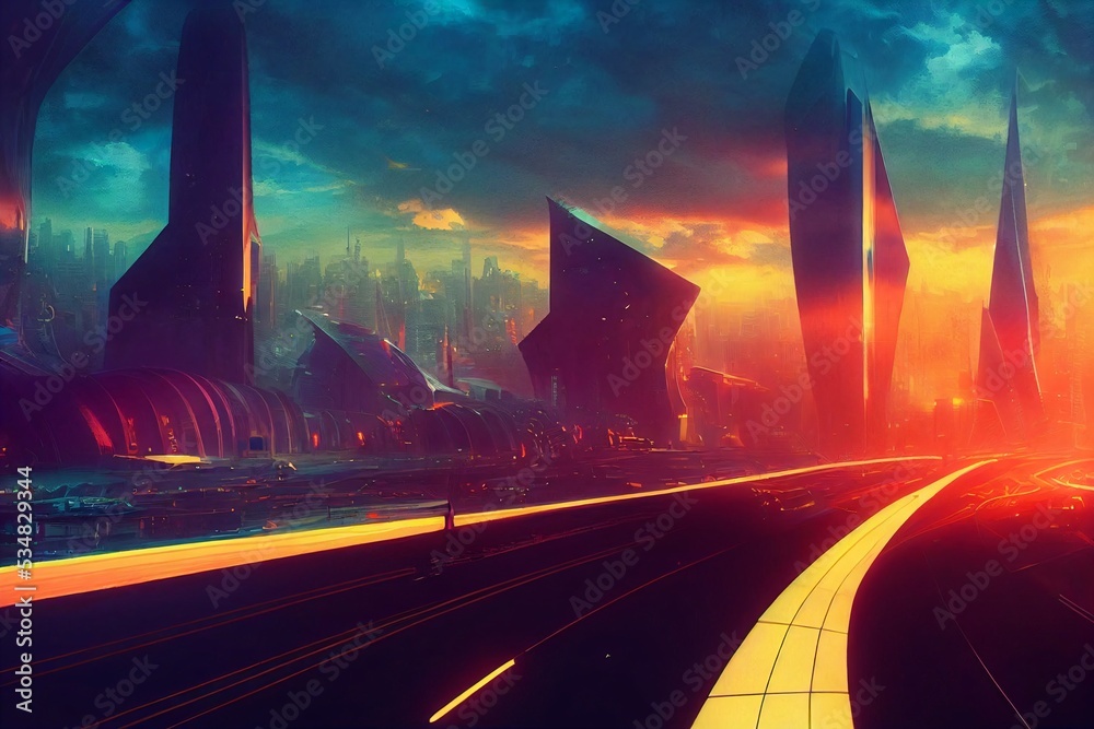 futuristic city with a science fiction highway, megacity with ...