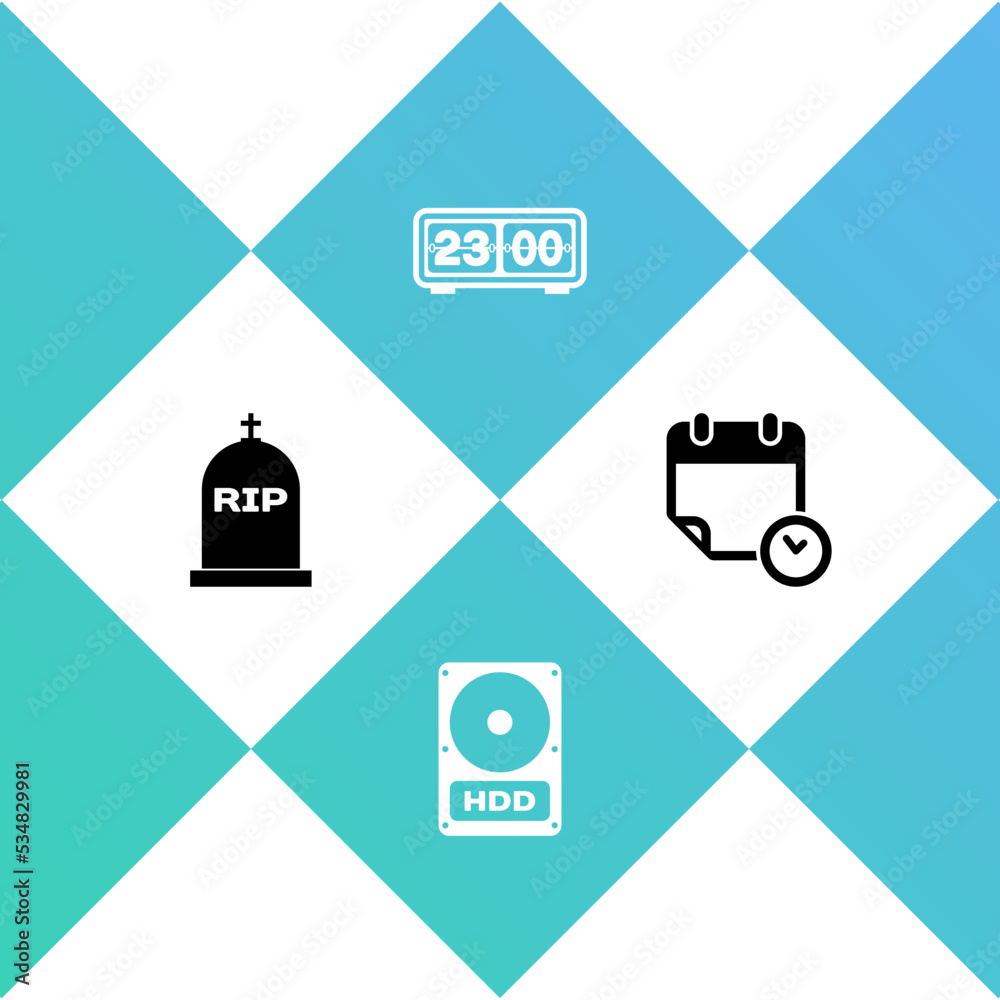 Set Tombstone with RIP written, Hard disk drive HDD, Retro flip clock ...