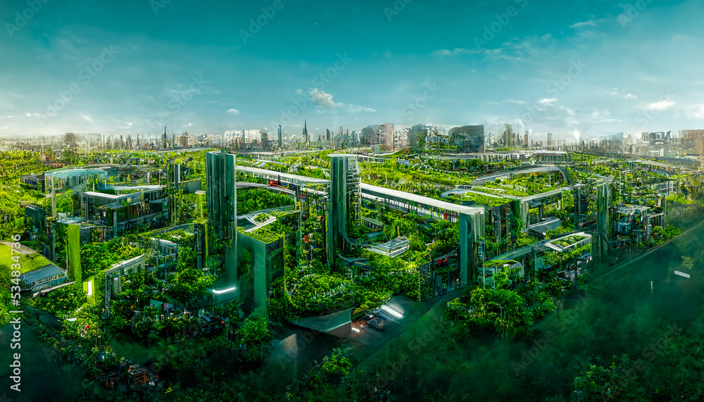 Spectacular eco-futuristic cityscape ESG concept full with greenery ...
