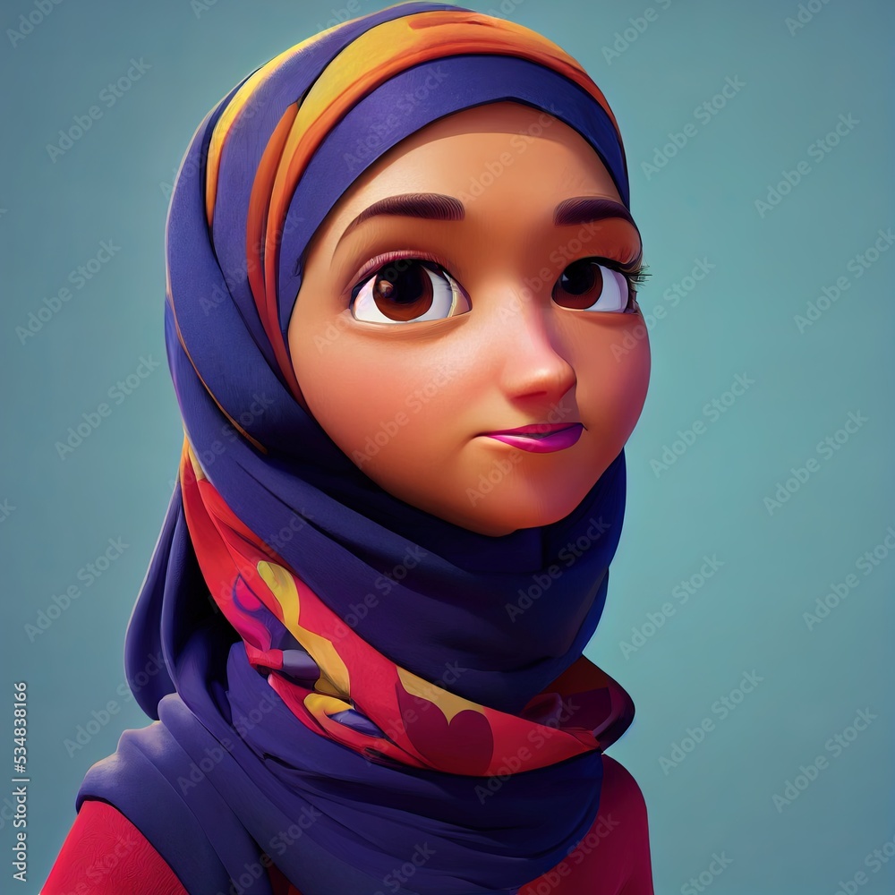 Stylish arab woman covering hairs. Cartoon big eyed close up portrait ...