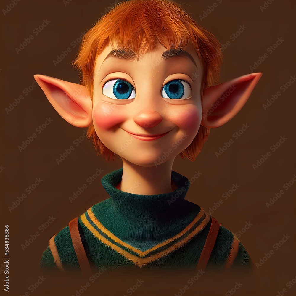 Young red haired smiling male forest elf. Cartoon big eyed close up ...