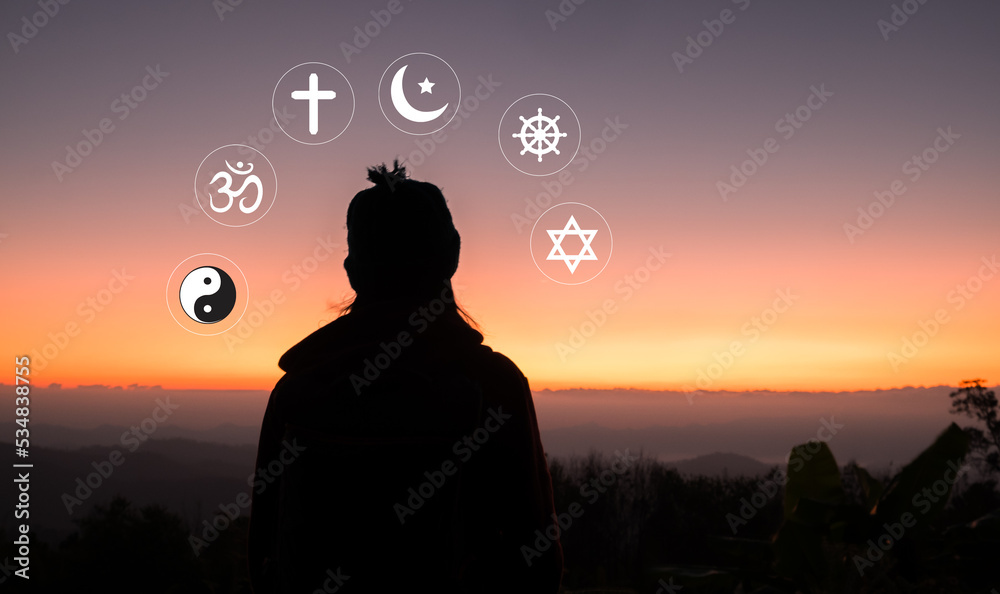 Religious symbols. Christianity cross, Islam crescent, Buddhism dharma ...