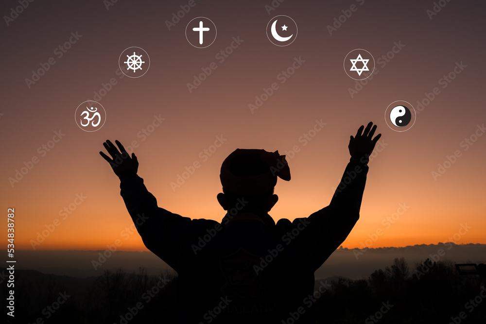 Religious symbols. Christianity cross, Islam crescent, Buddhism dharma ...