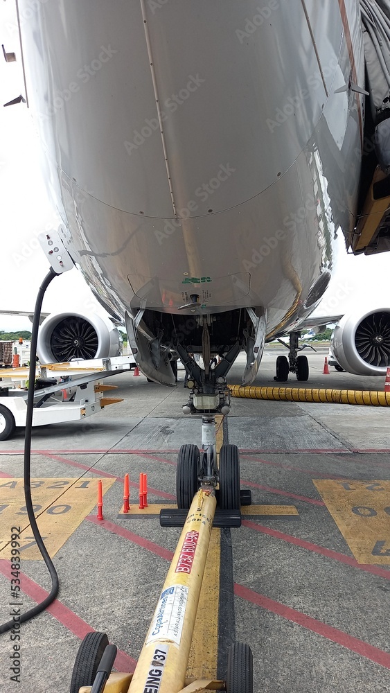Boeing 737 Max 9 nose landing gear and tow bar attached. Stock Photo ...