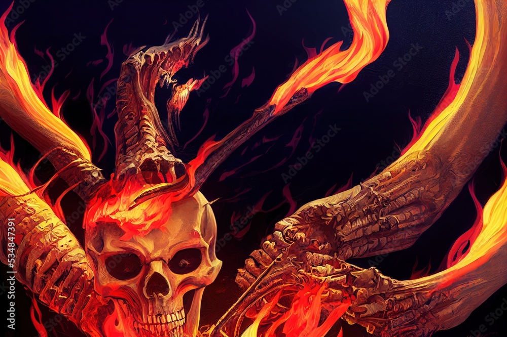 horror character of demon skeleton with fire flames in hellfire ...