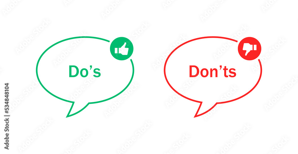 Dos and donts icons in speech bubble and circle button - thumbs up or ...