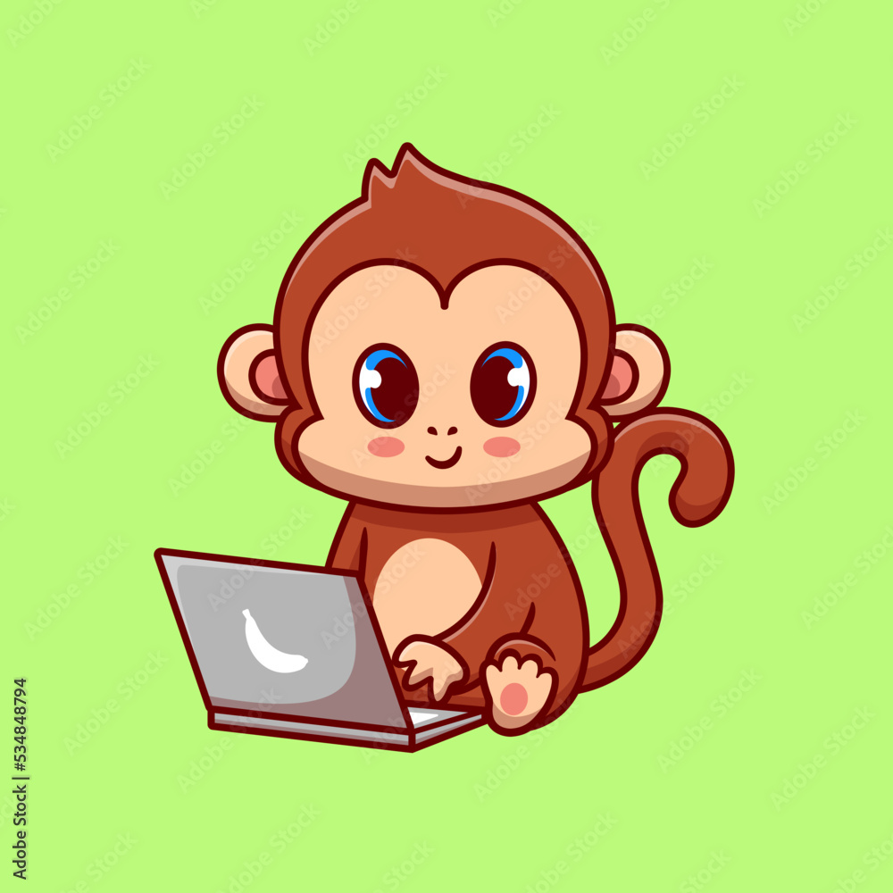 Cute Monkey Working On Laptop Cartoon Vector Icon Illustration. Animal ...