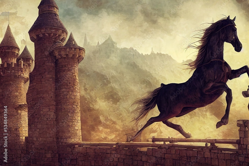fantasy ancient castle with horse rider on a bridge Stock Illustration ...