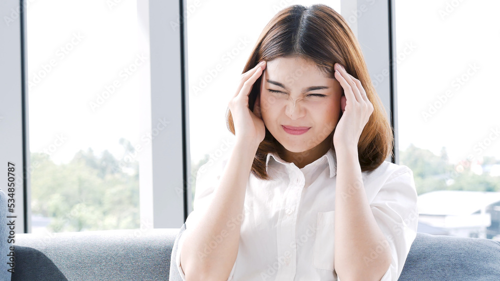 Stress asian women headache have migraine feeling temples stressfull ...