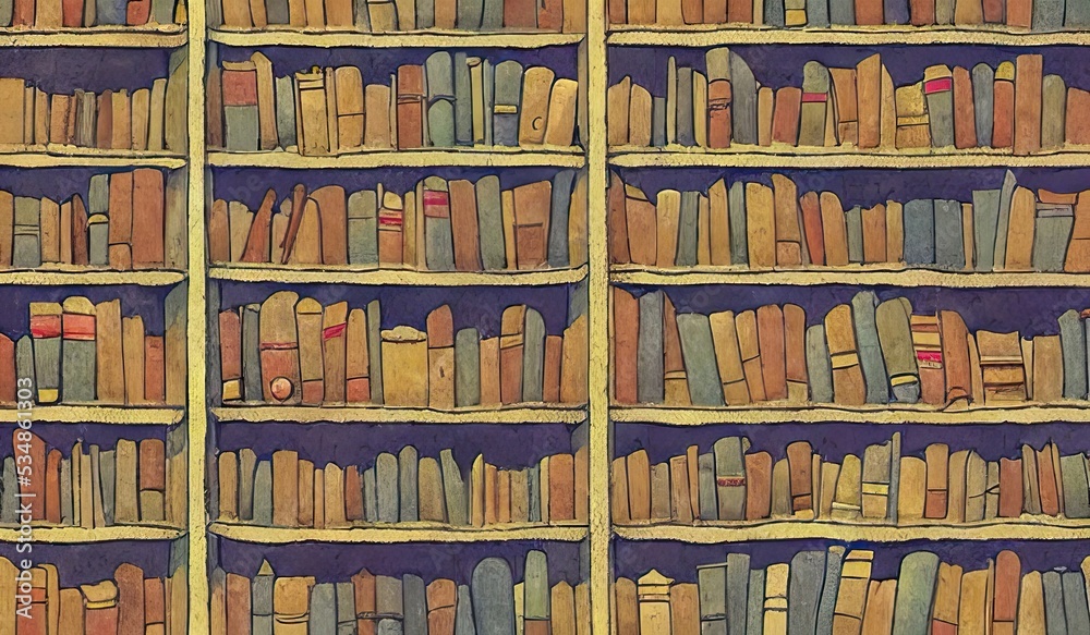 Old library or bookshop with bookshelves and many old books on shelves ...