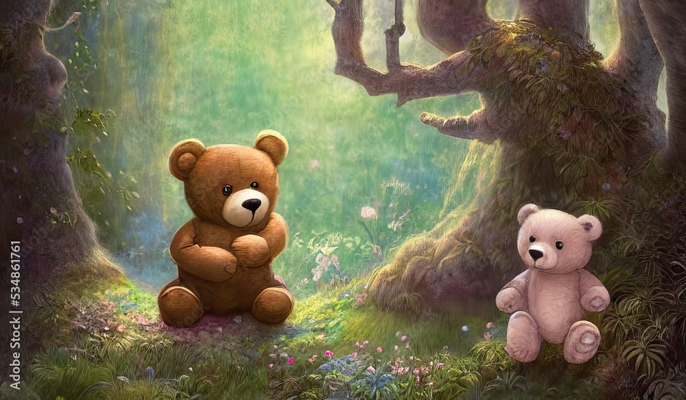 Teddy bear in an enchanted forest woods, storybook cover illustration ...