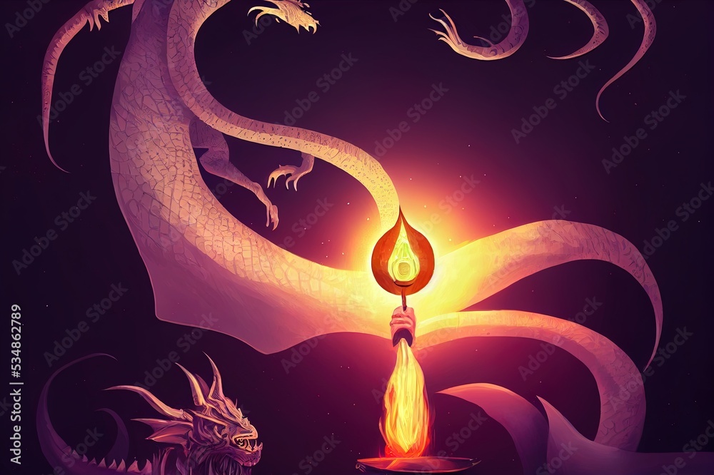 black wizard with a magic wand summoning the dragon, digital art style ...