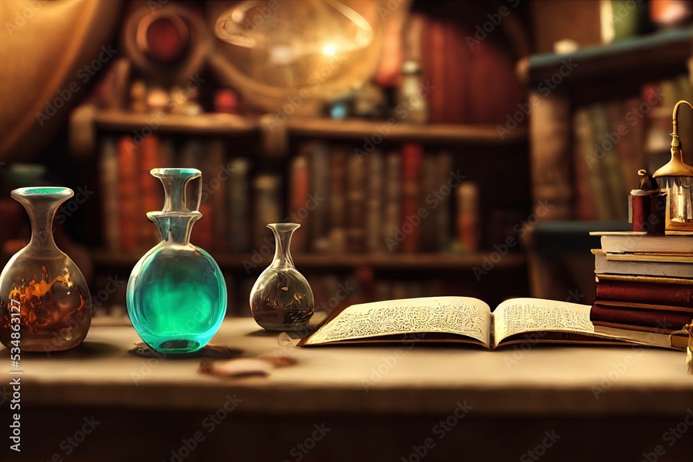 Fantasy alchemist's workshop with a bookshelf and table with scrolls ...