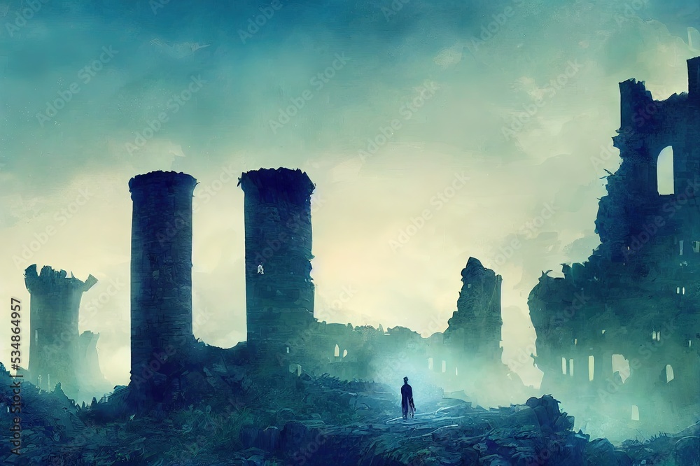 Digital painting of castle ruins with a mysterious undead ghost king ...