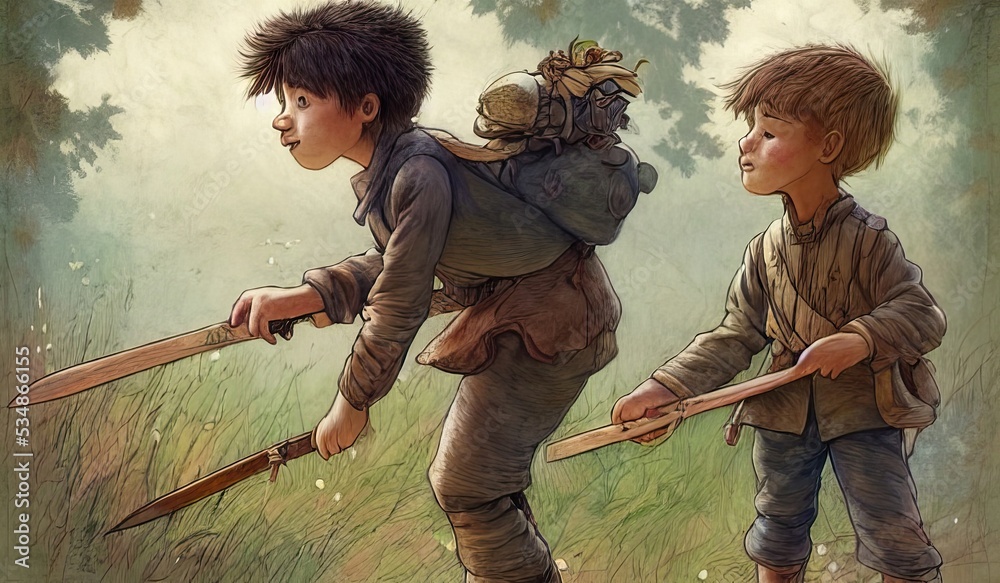 adventures of two friends child kids with a wooden sword fighting ...