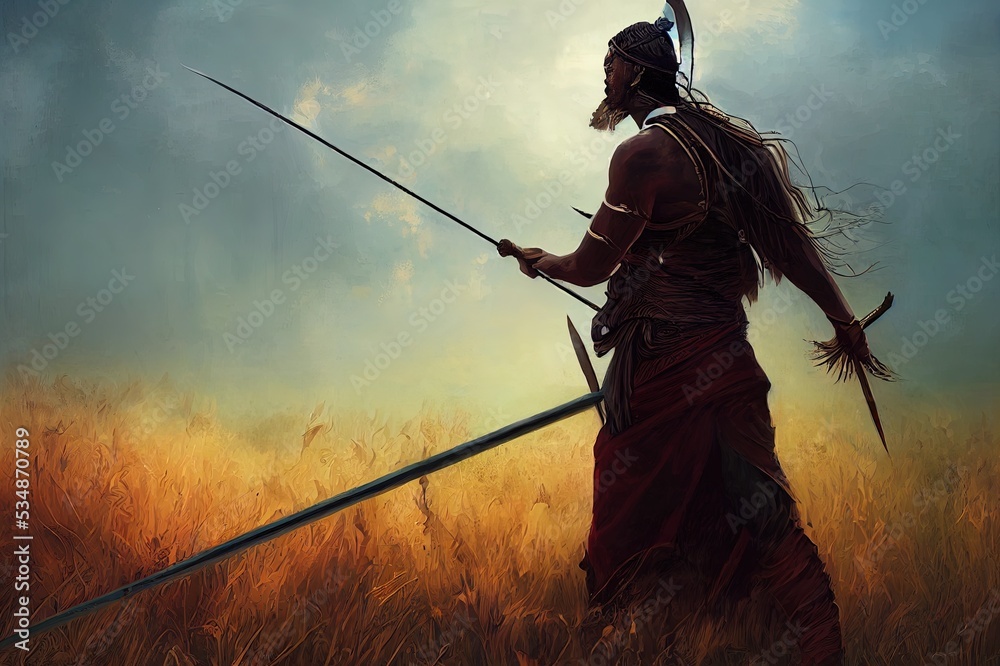 ancient warrior with the magic spear standing in the field, digital art ...
