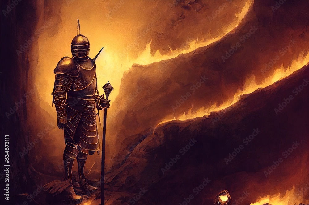 A knight in plate armor, a helmet with a sword and a shield holds a ...