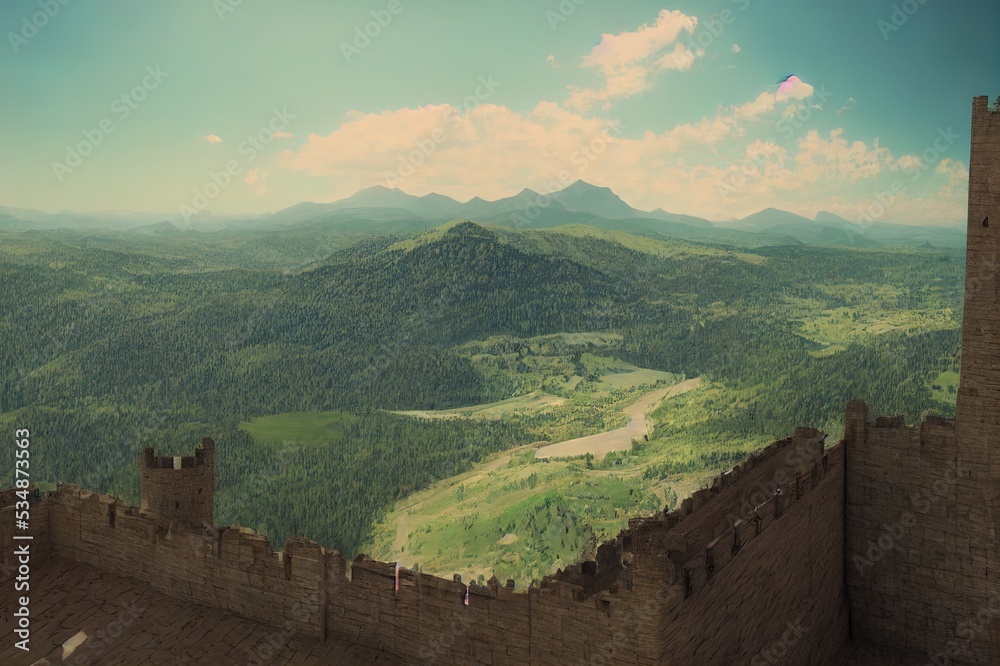 View from a balcony of a castle at the top of the mountain in a ...