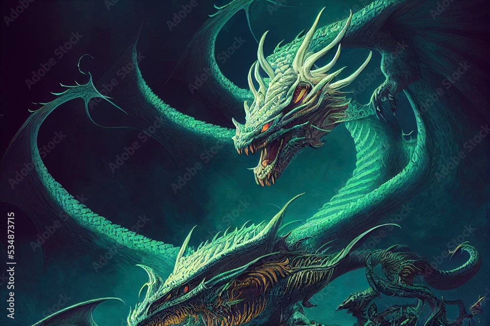 a dragon with two heads fantasy frame , epic illustration, concept art ...